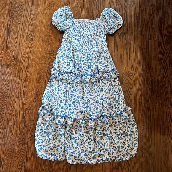 Dresses | Sunday Up Blue Floral Midi Dress Tiered Can Be Worn On Or Off ...